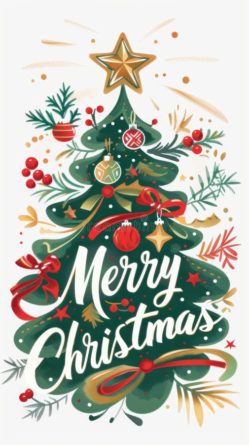 Festive Christmas Tree Design with Decorations and Merry Christmas ...