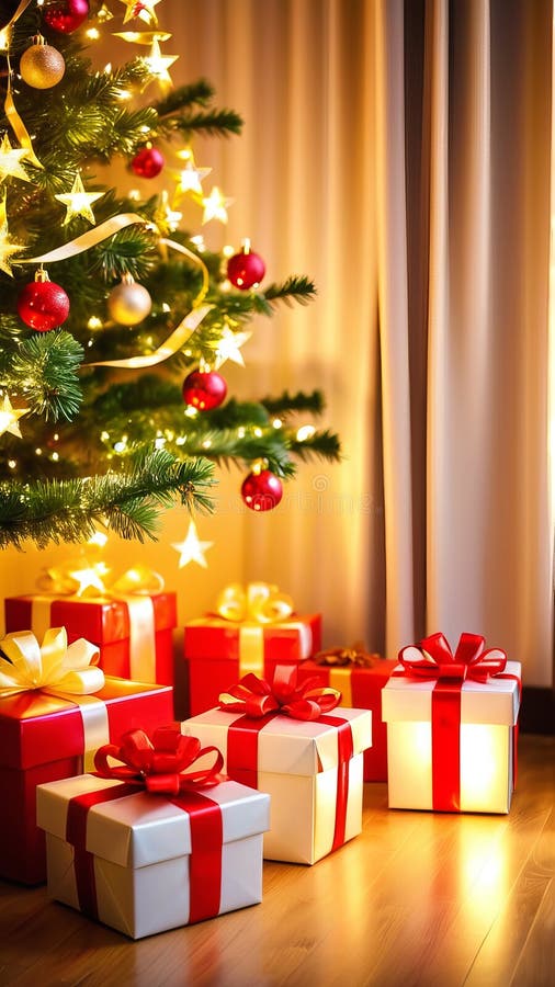 Festive Christmas Tree and Gift Boxes with Glowing Lights Stock Image ...