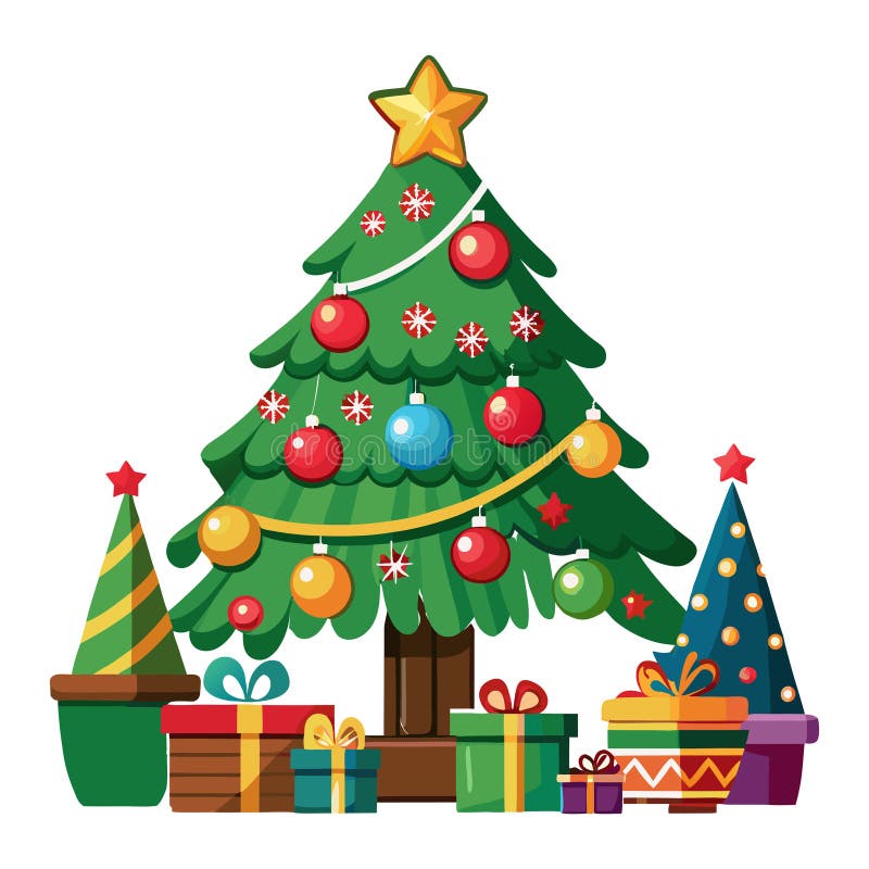 Festive Christmas Tree with Gifts and Ornaments Vector Illustration ...