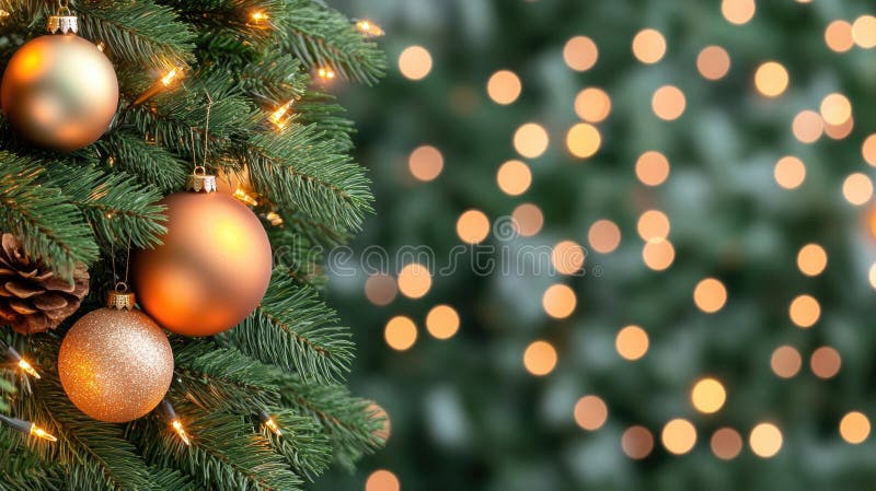 Festive Christmas Tree with Golden Baubles and Twinkling Lights Stock ...