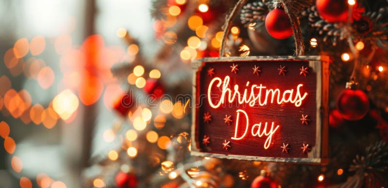 Festive Christmas Tree with Illuminated Christmas Day Sign and Red ...