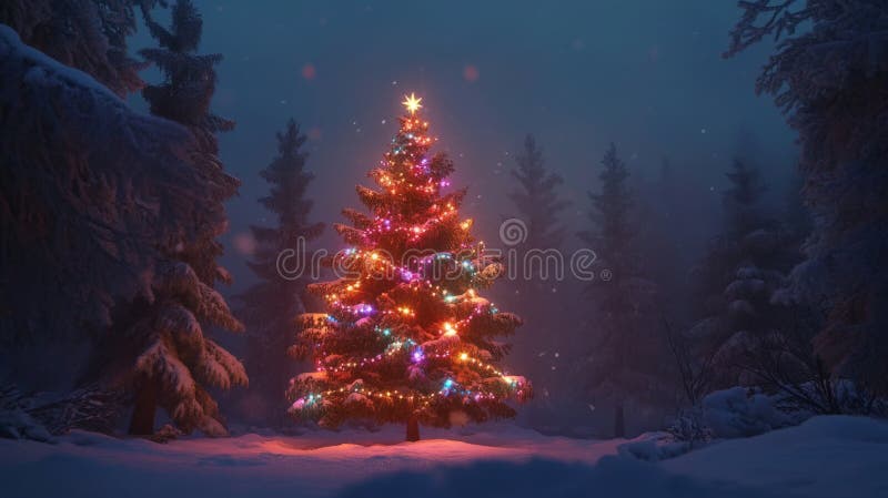 Festive Christmas Tree Illuminated in Snowy Forest at Night Stock Photo ...