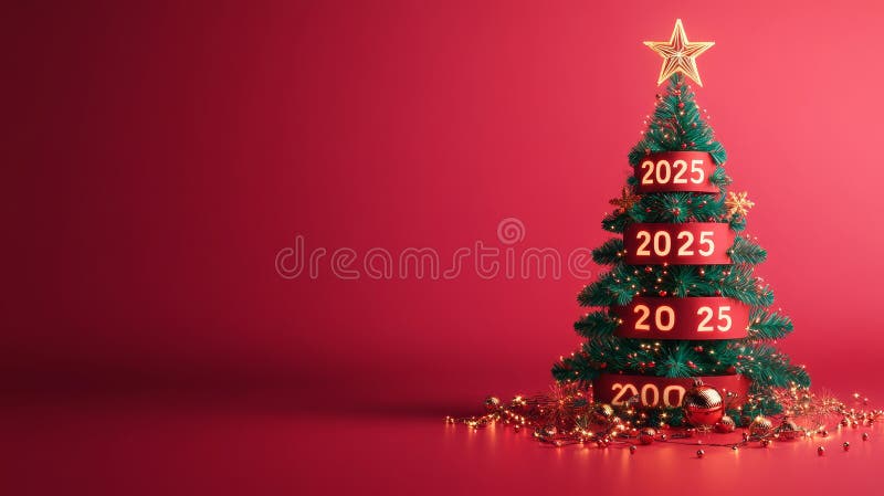 Festive Christmas Tree Made of Stacked 2025 Numbers on Red Background ...