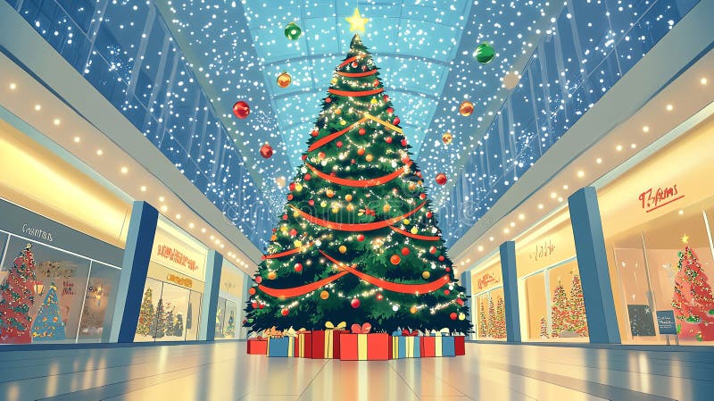 Festive Christmas Tree in a Mall Atrium Stock Image - Image of joyful ...