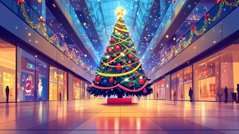 Festive Christmas Tree in a Mall Atrium Stock Photo - Image of ...