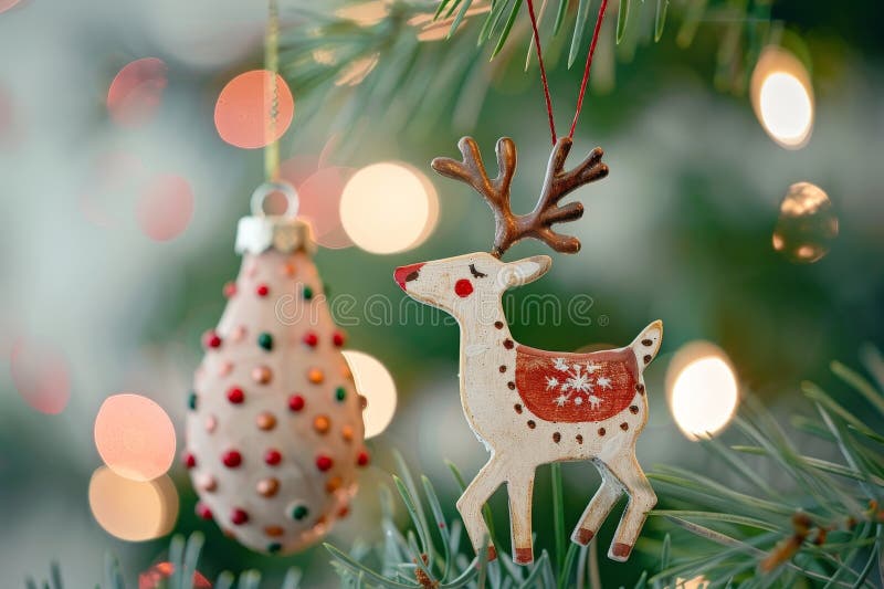 Festive Christmas Tree Ornaments Hanging on Pine Branches Stock ...