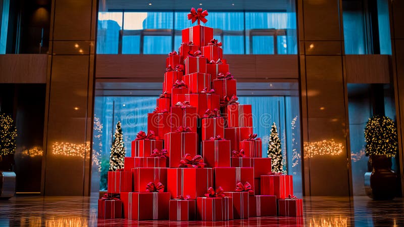 A Festive Christmas Tree Sculpture Made of Stacked Red Gift Boxes in ...