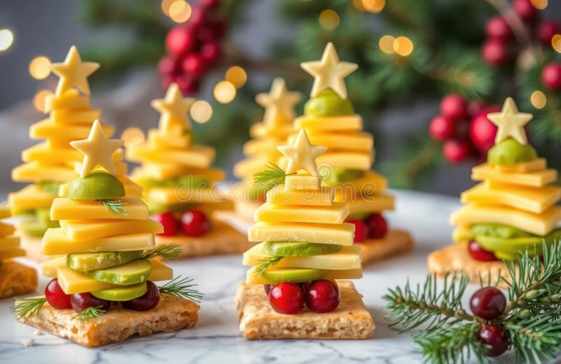 Festive Christmas Tree-shaped Cheese Canapes Arranged on Platter ...