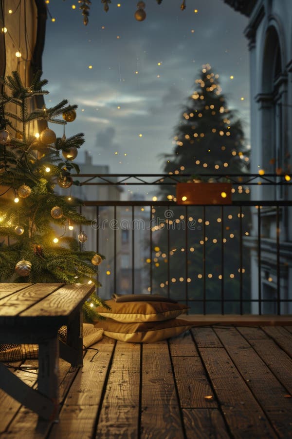 A Festive Christmas Tree Shining on a Balcony, Perfect for Holiday ...