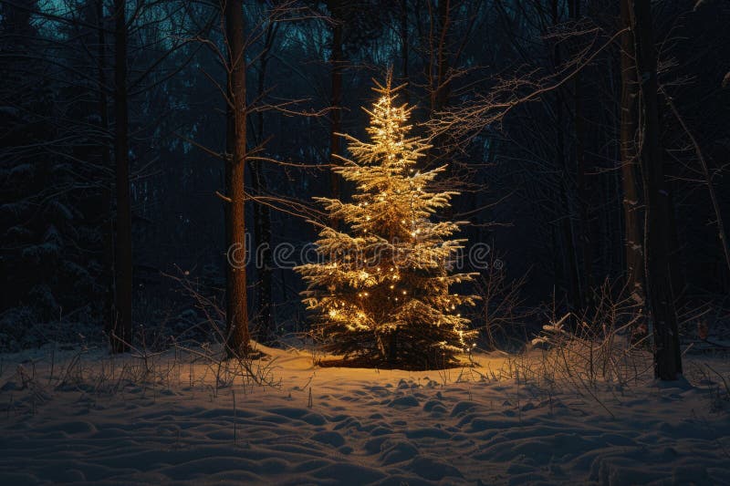 A Festive Christmas Tree Shining Brightly in a Snowy Forest. Perfect ... A Festive Christmas Tree Shining Brightly in a Snowy Forest. Perfect ...