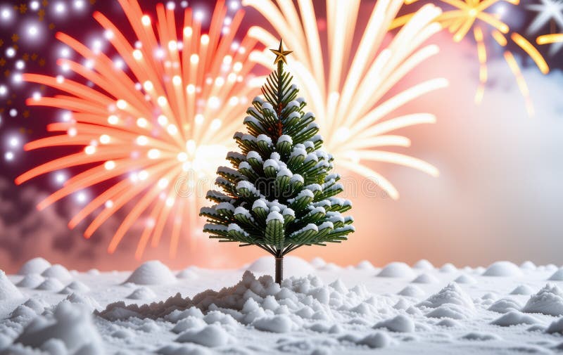 Festive Christmas Tree with Snowy Branches and Vibrant Fireworks ...