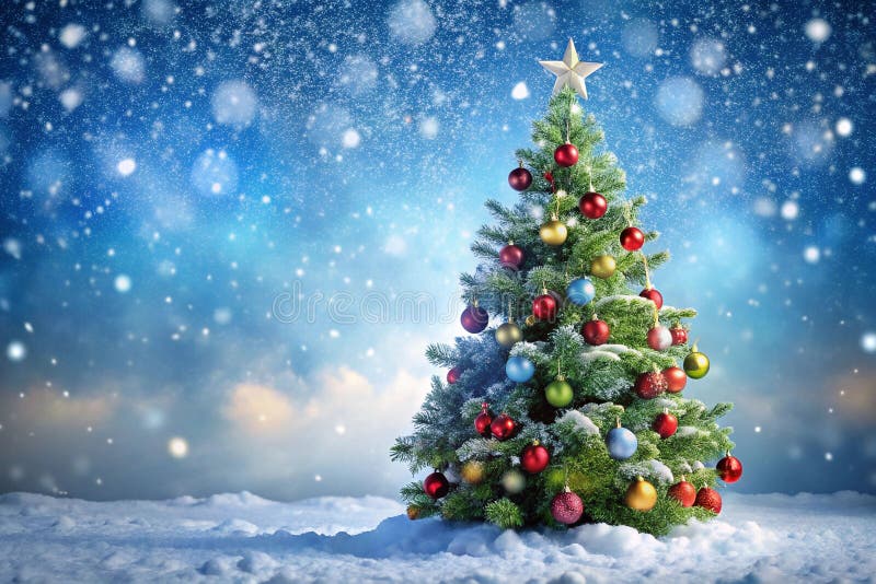 Festive Christmas Tree in Snowy Landscape Stock Illustration ...