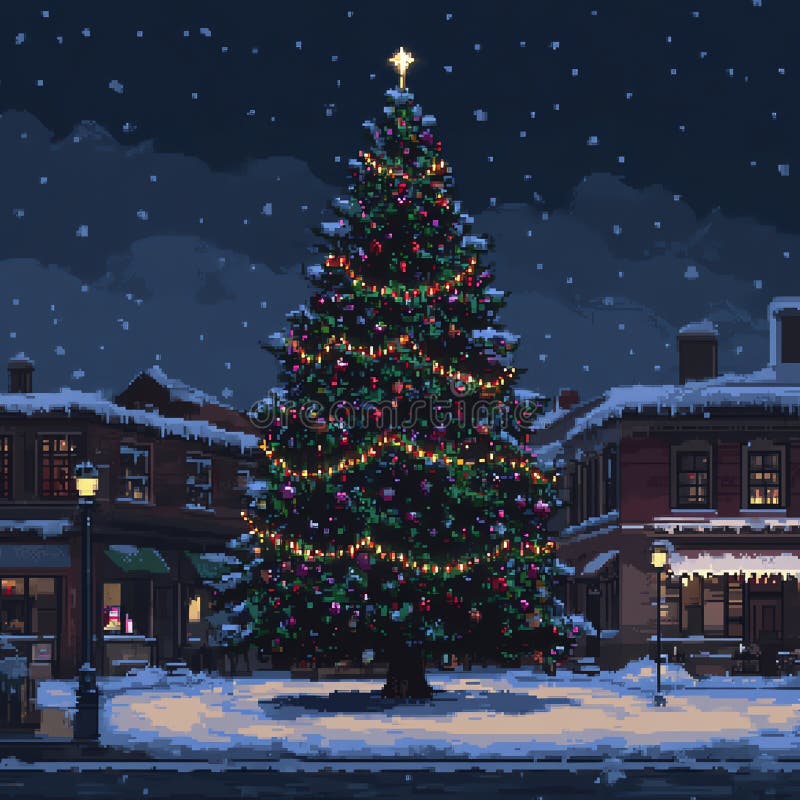 Festive Christmas Tree in Snowy Town Square with Star Topper Stock ...