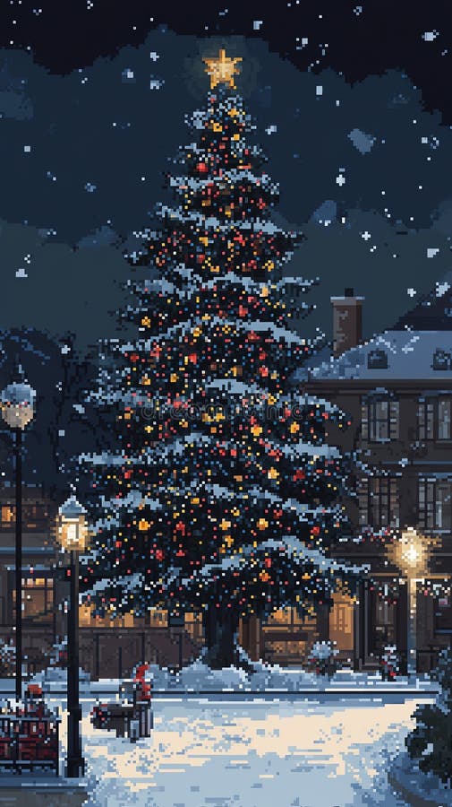 Festive Christmas Tree in Snowy Town Square with Star Topper Stock ...