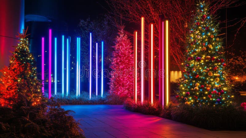 Festive Christmas Trees Illuminated by Neon Lights Stock Illustration ...