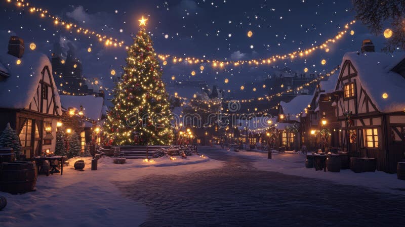 A Festive Christmas Village Scene at Night Stock Illustration ...