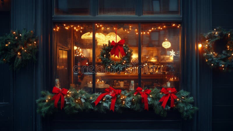 Festive Christmas Window Display with Wreaths, Garlands, and Lights ...
