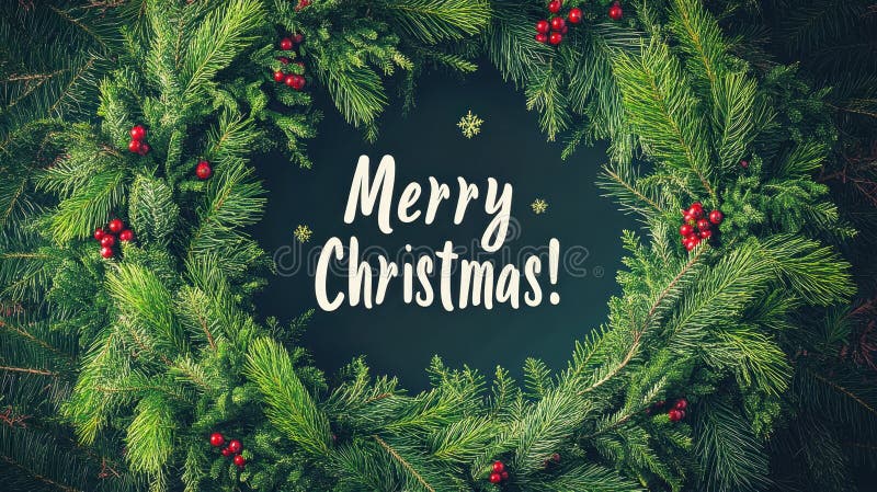 Festive Christmas Wreath with Holiday Greeting Message Stock Image ...