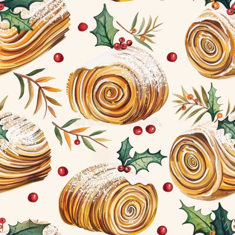 Festive Christmas Yule Log Pattern with Holly and Berries Stock Image ...