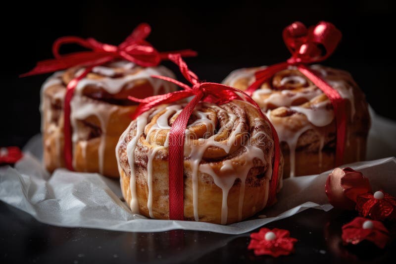 Festive Cinnamon Buns Wrapped and Tied with a Red Ribbon Stock ...