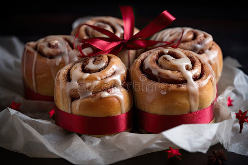 Festive Cinnamon Buns Wrapped and Tied with a Red Ribbon Stock ...
