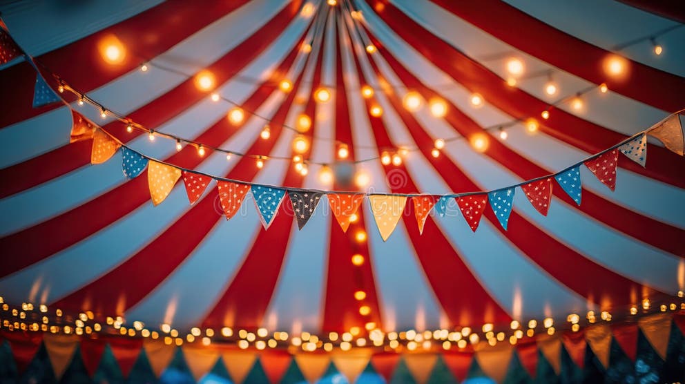 Festive Circus Tent Interior with String Lights and Bunting Stock ...
