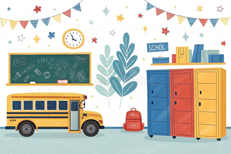Festive Classroom Scene with School Bus, Lockers, and Chalkboard Stock ...