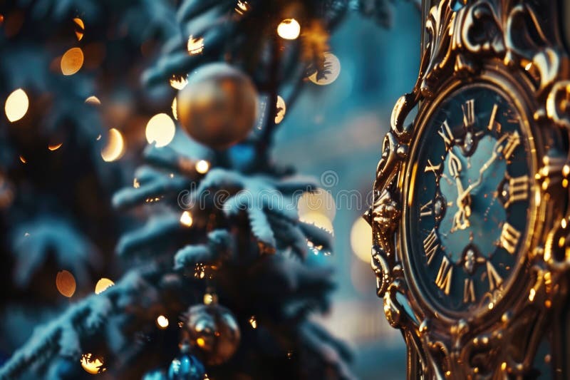 Festive Clock Near Decorated Tree, Perfect for Holiday Concepts Stock ...