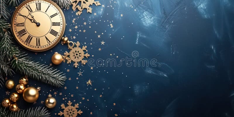 Festive Clock Surrounded by Christmas Decorations on Blue Background ...