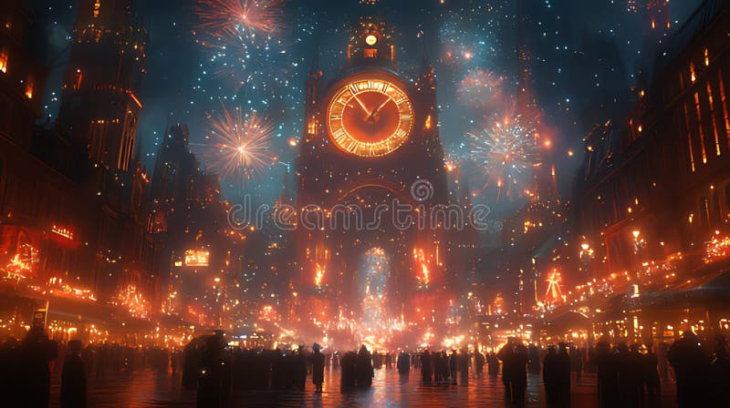 Festive Clock Tower Cityscape at Night with Fireworks and Crowds ...