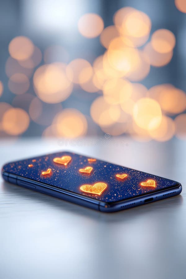 Festive Close Up of a Glowing Smartphone Screen with Tiny Heart Shaped ...