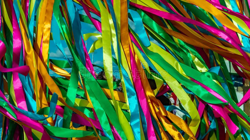 Festive Colorful Background Where Long Multi-colored Ribbons Flutter in ...