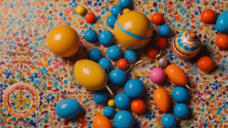 Festive Colorful Candy Spheres & Eggs on Patterned Surface Stock ...