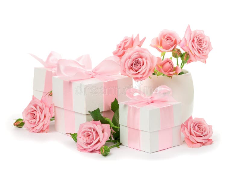 Festive Composition of Flowers and Gifts Stock Photo - Image of gifts ...