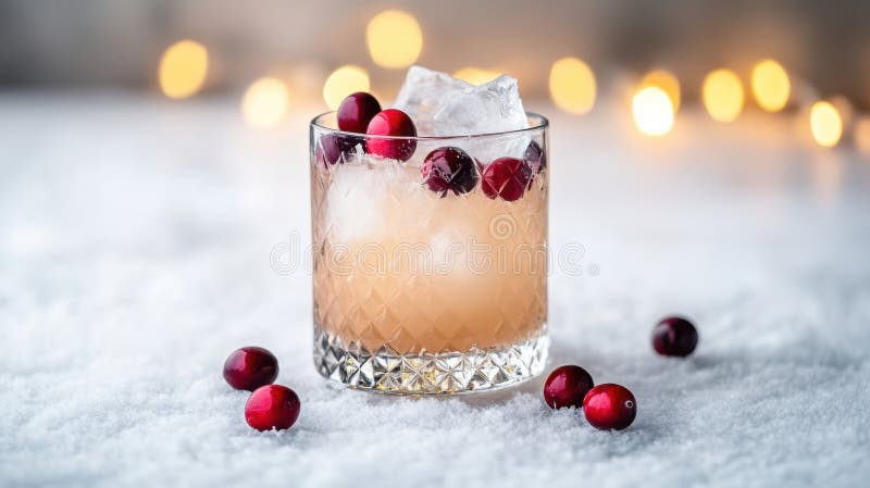 Festive Cranberry Cocktail on Snowy Surface with Warm Bokeh Lights ...