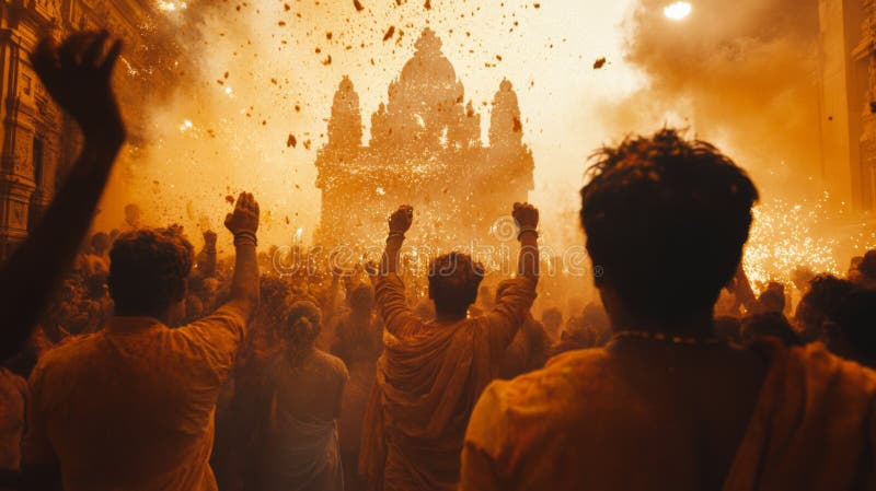 Festive Crowd Celebrates with Firework Display Near Temple Stock ...