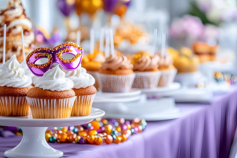Festive Cupcake Display with Colorful Masquerade Mask and Beads on ...