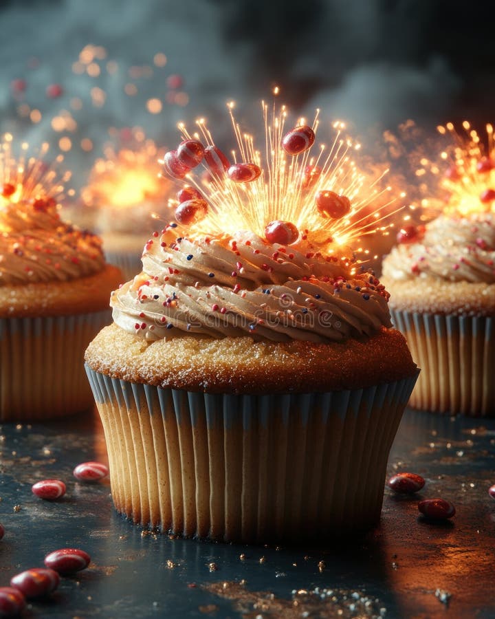 Celebratory Cupcakes with Exploding Sparklers Stock Illustration - Illustration of bakery, light ...