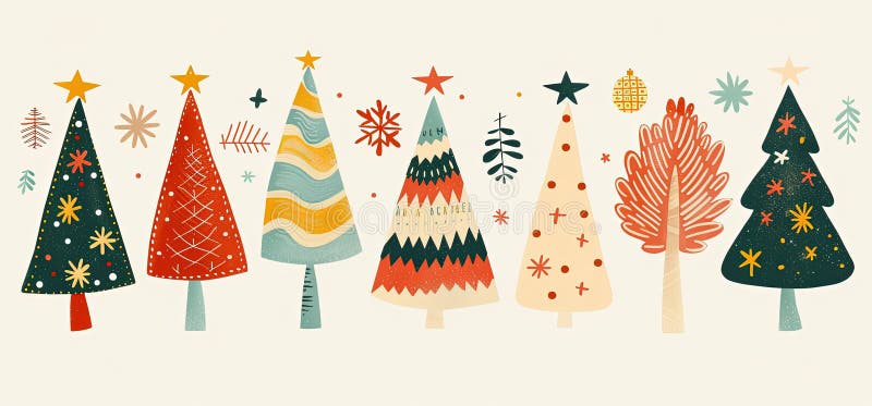 Festive Cute Christmas Trees with Colorful Patterns and Stars Stock ...