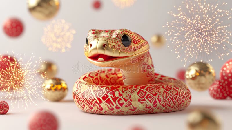 Festive 3D Illustration of a Smiling Snake Surrounded by Decor Stock ...
