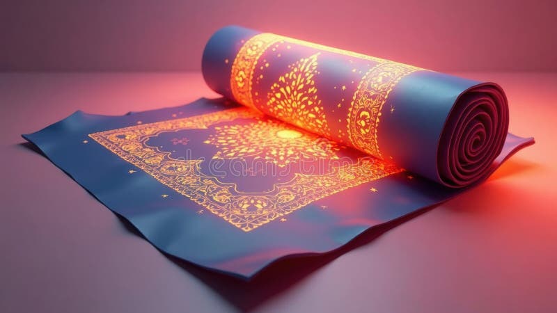 A Festive 3D of a Prayer Mat Unrolling Itself with Glowing Islamic ...