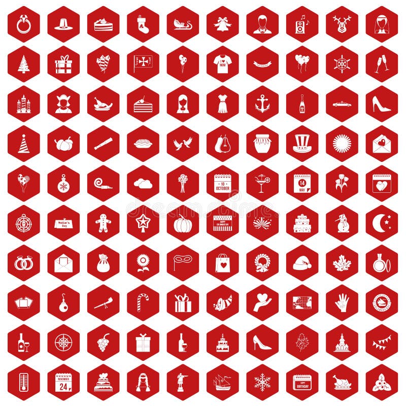 100 Festive Day Icons Hexagon Red Stock Vector - Illustration of simple ...