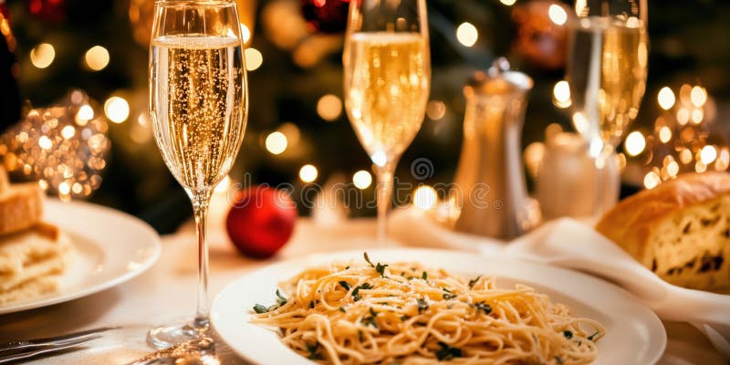Festive Dining Scene with Pasta, Champagne, and Holiday Decorations ...