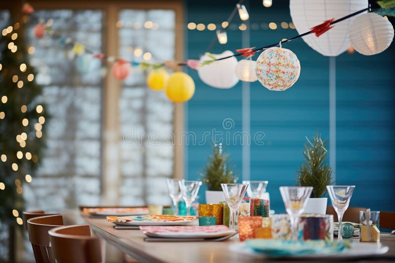 Festive Dining Setup with Colored Glassware, Patterned Plates, and ...