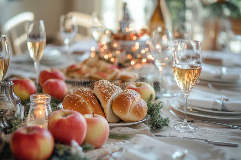 Festive Dining Table with Bread, Apples, Champagne, and Decorations ...