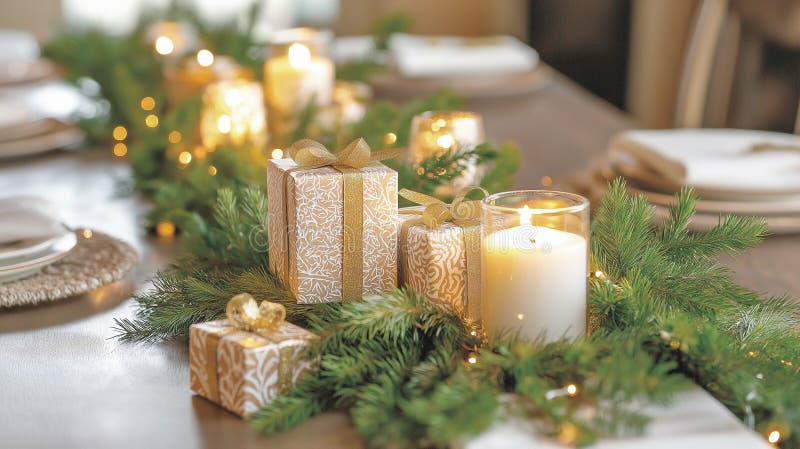 Festive Dining Table Centerpiece Featuring Tiny Gift Boxes, Candles ...