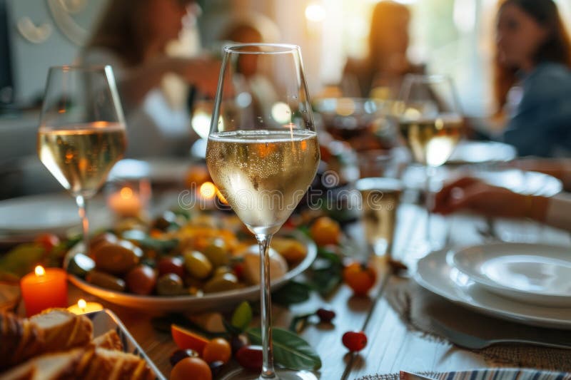 Festive Dining Table with Friends Enjoying Wine and Shared Appetizers ...