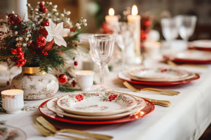 Festive Dining Table Set for Christmas Dinner. Holiday Decorations ...
