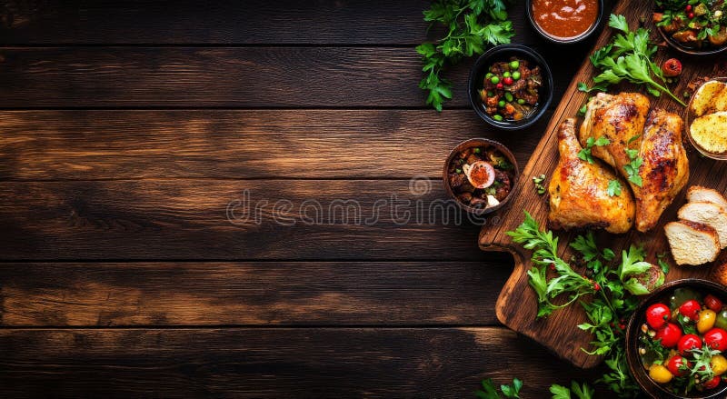 Festive Dinner Setting with Roast Chicken, Sides, and Decorations on a ...