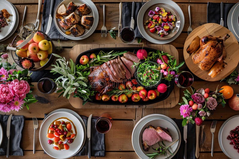 Festive Dinner Table with Gourmet Dishes and Elegant Table Setting ...